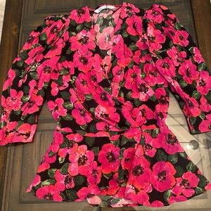 Zara | Tops | Nwt Zara Pink Floral Wrap Blouse With Puff Sleeves | Poshmark